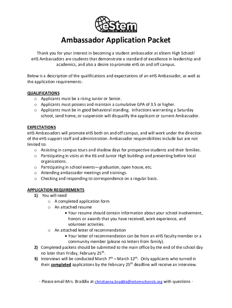 Fillable Online Ambassador Application Packet Fax Email Print - pdfFiller