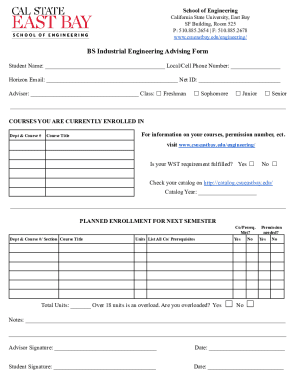 Fillable Online BS Industrial Engineering Advising Form Fax Email Print - pdfFiller