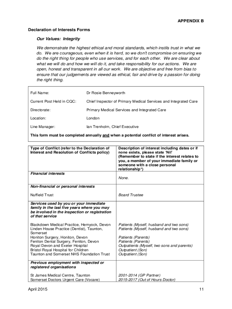 Fillable Online APPENDIX C Declaration of Interests Form Our Values Fax ...