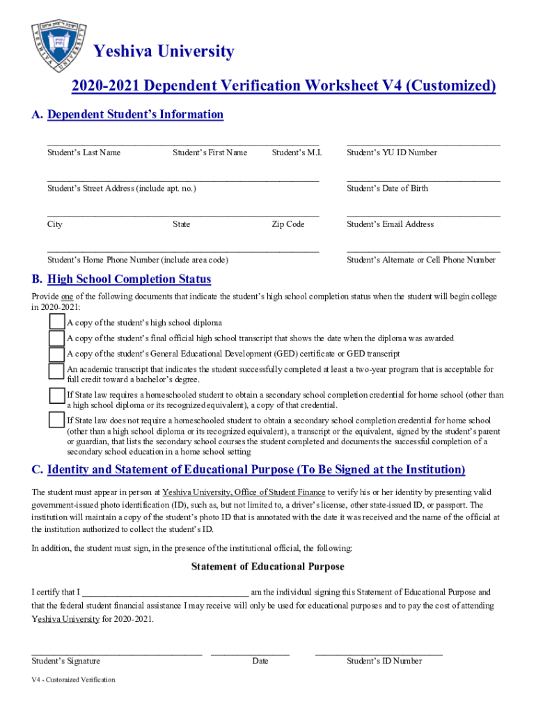 Fillable Online 2022 - 2023 Dependent Student Verification Worksheet V1 Fax Email Print - pdfFiller