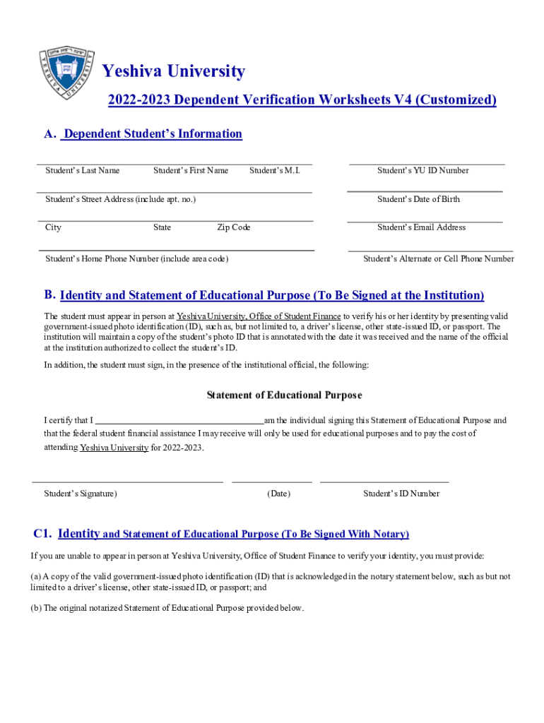 Fillable Online 2022-2023 Dependent Verification Worksheets V4 ...