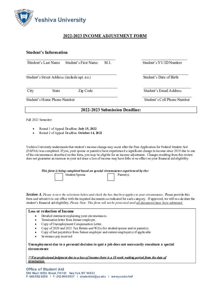 Fillable Online 2022-2023 INCOME ADJUSTMENT FORM Fax Email Print ...