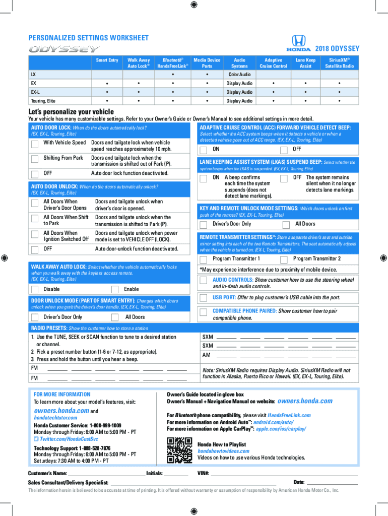 Fillable Online PERSONALIZED SETTINGS WORKSHEET 2018 ODYSSEY owners ...