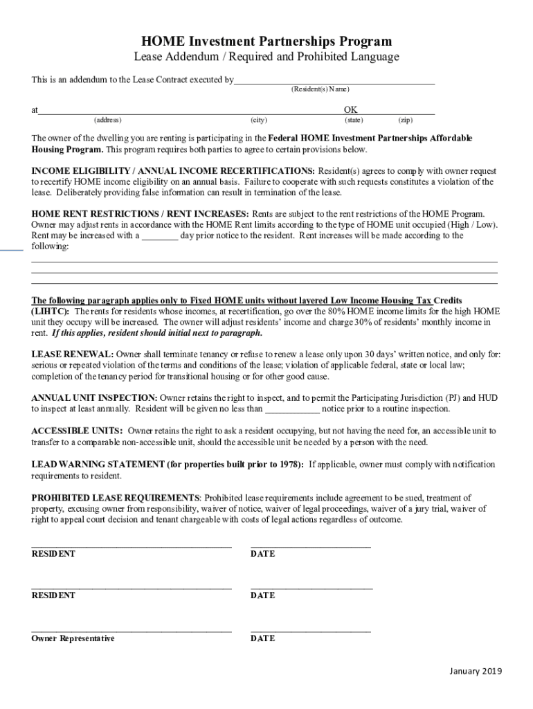 Fillable Online HOME required and prohibited lease language addendum (1 ...