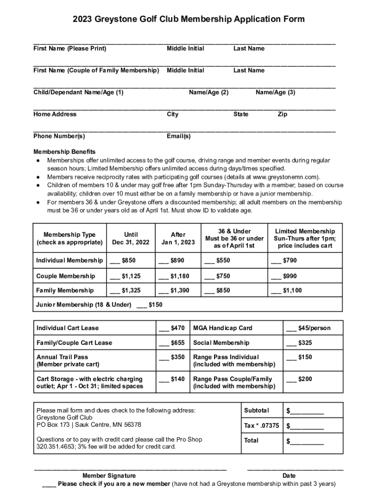 Fillable Online 2023 Greystone Golf Club Membership Application Form ...