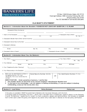 Fillable Online Claimant's Statement - Bankers Life Insurance Company ...