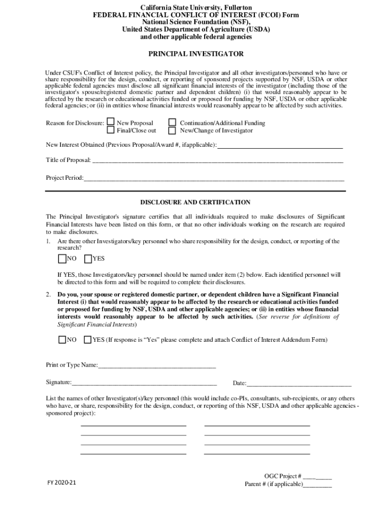Fillable Online NSF CONFLICT OF INTEREST DISCLOSURE FORM Fax Email ...