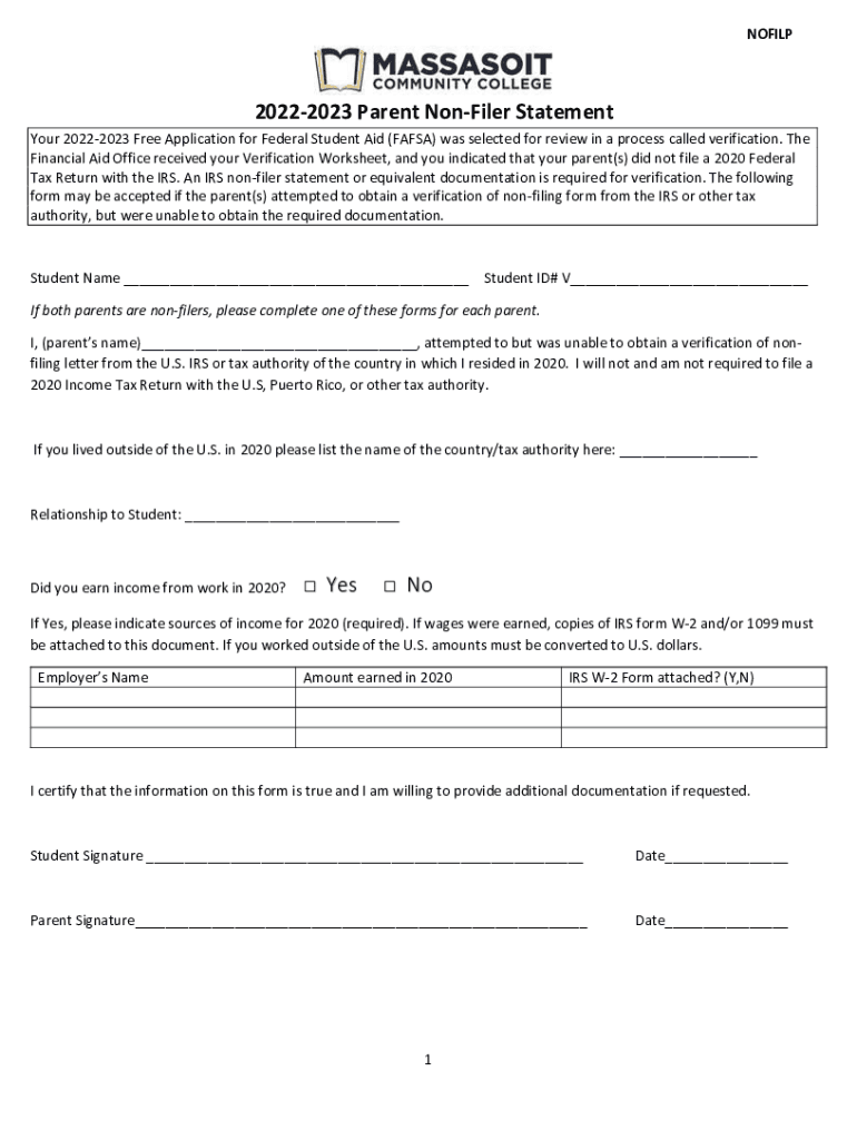 Fillable Online 2022-2023 Parent Non-Filer Statement Fax Email Print - pdfFiller