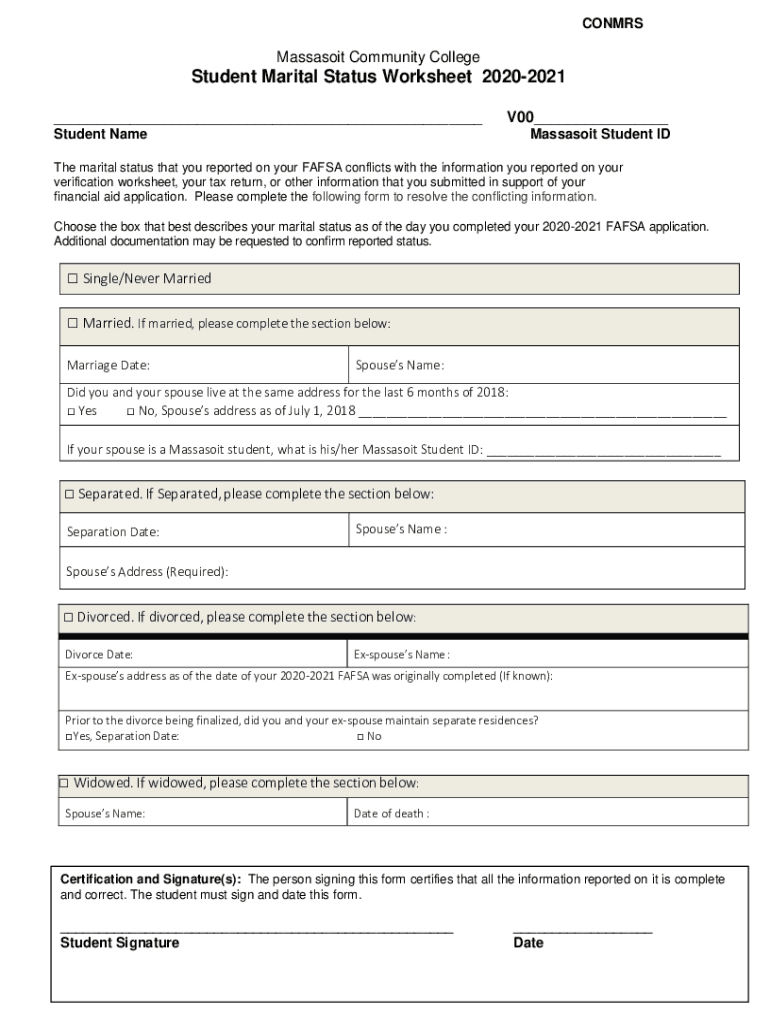 Fillable Online Student Marital Status Worksheet 2020-2021 Fax Email ...
