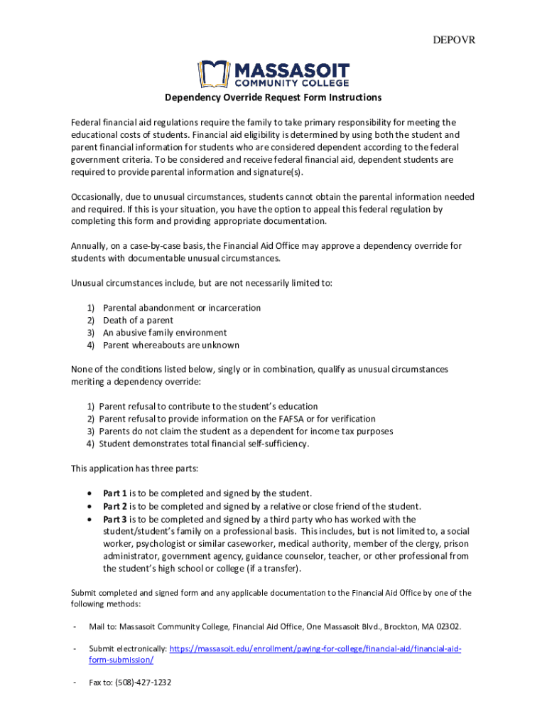 Fillable Online DEPOVR Dependency Override Request Form Instructions Fax Email Print - pdfFiller