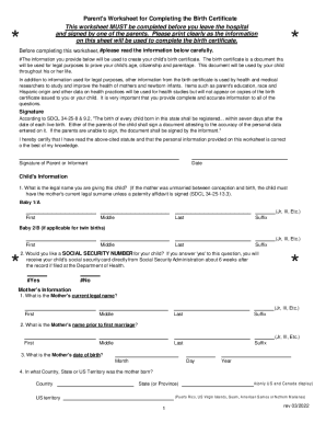 Fillable Online doh sd Parent's Worksheet for Completing the Birth ...