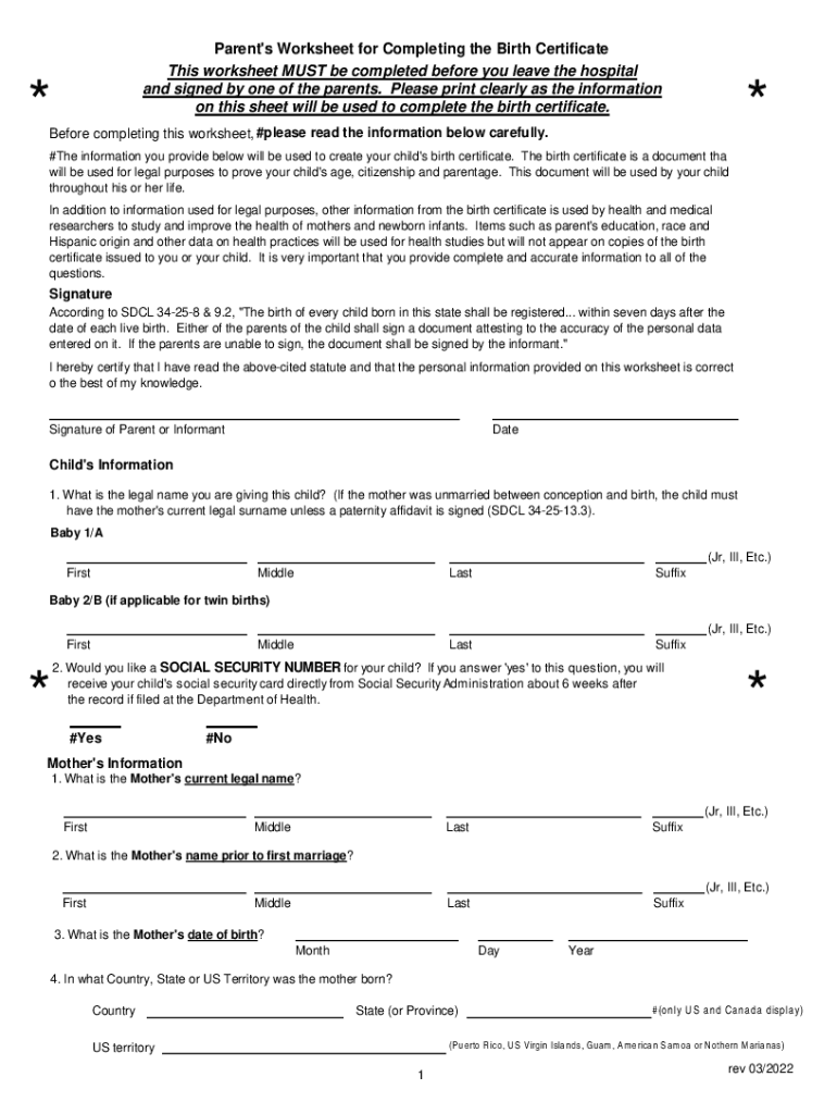 Fillable Online doh sd Parent's Worksheet for Completing the Birth ...