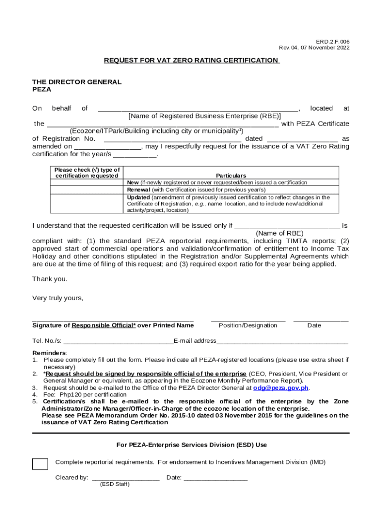 Request for VAT Zero Rating Certification Doc Template | pdfFiller