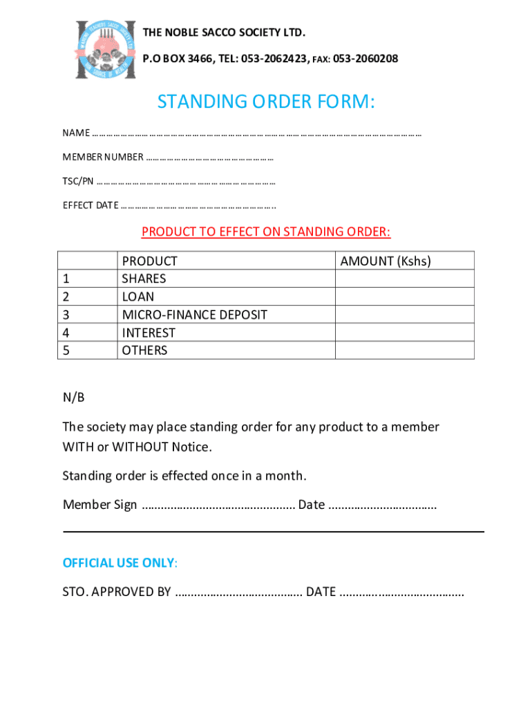 Fillable Online STANDING ORDER FORM: Fax Email Print - pdfFiller