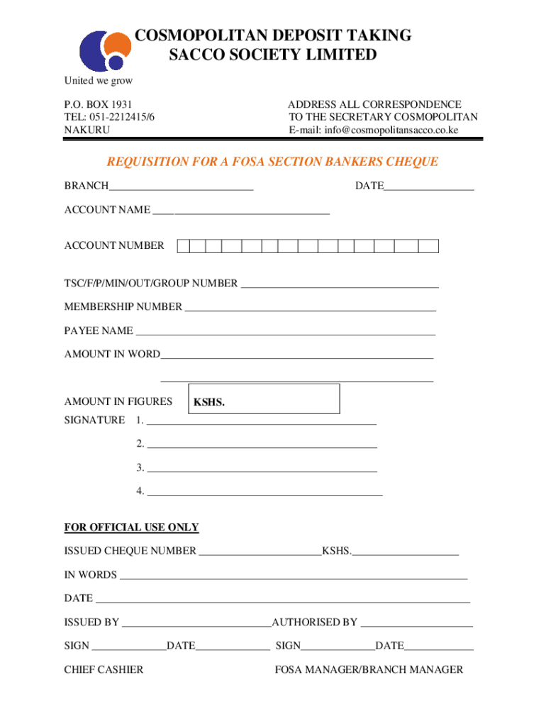Fillable Online requisition for a fosa section bankers cheque Fax Email ...