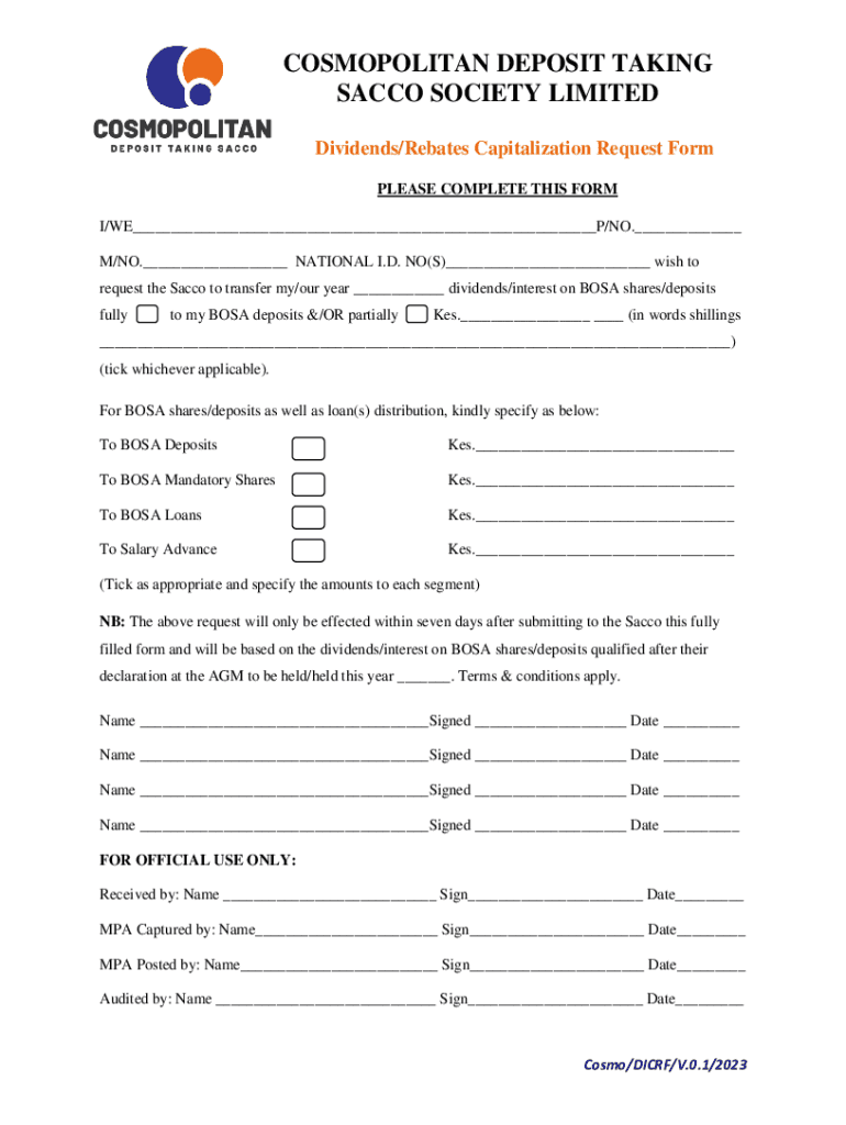 Fillable Online Dividends/Rebates Capitalization Request Form Fax Email ...