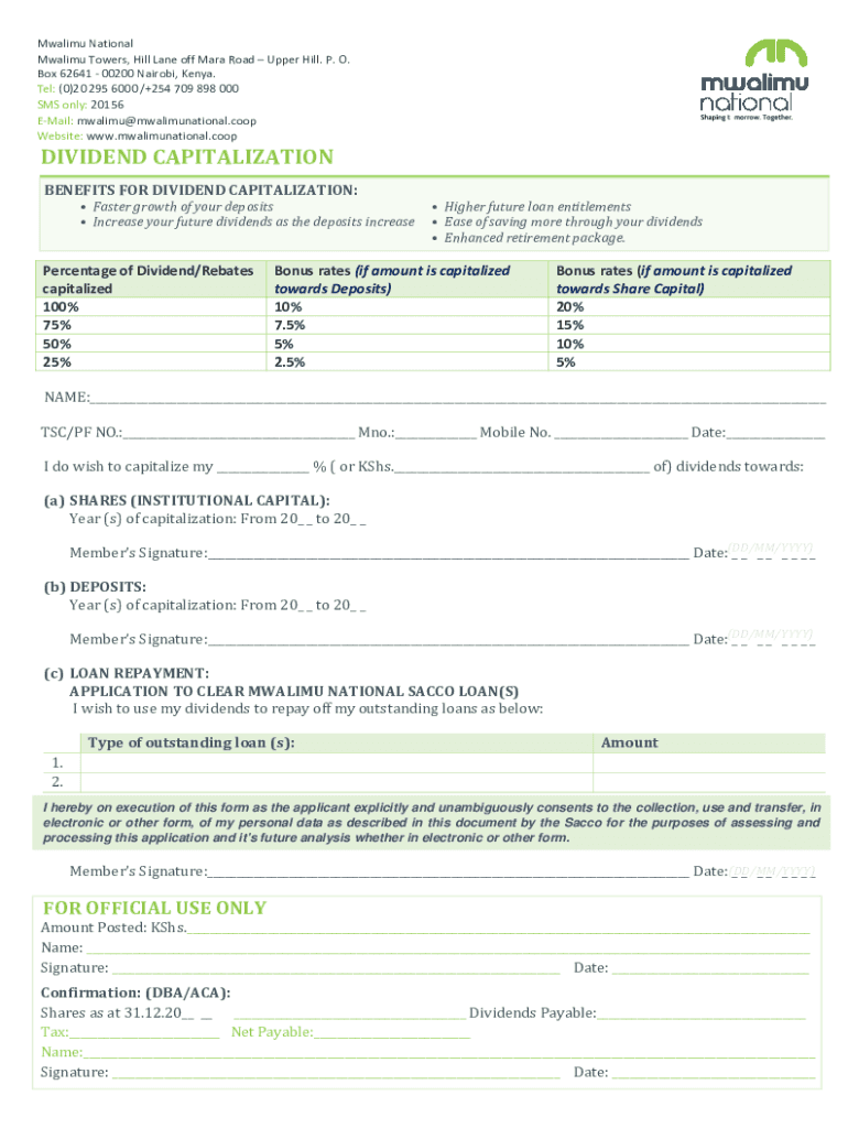 Fillable Online DIVIDEND CAPITALIZATION Fax Email Print - pdfFiller