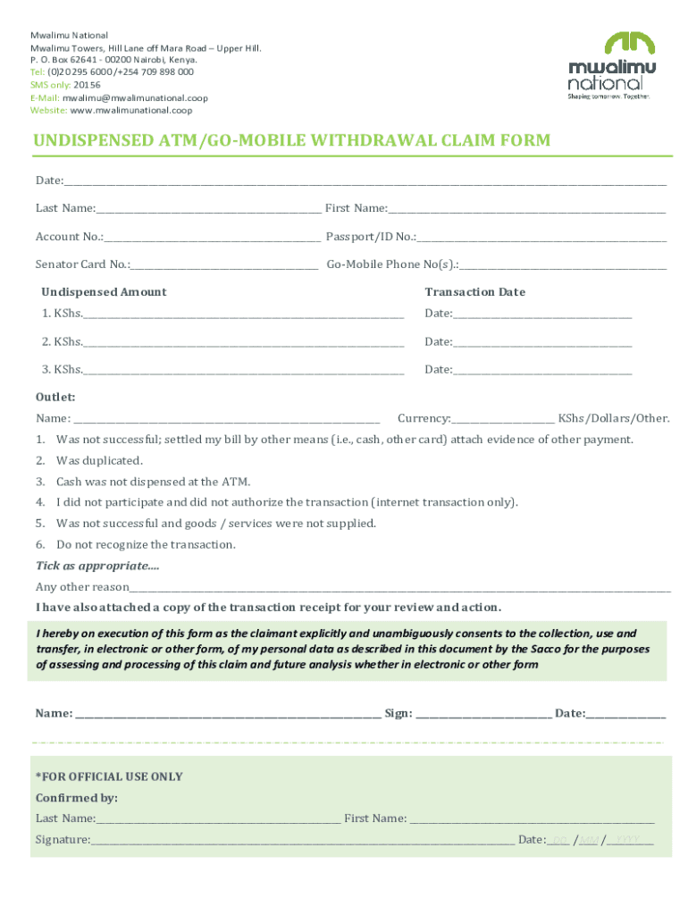 Fillable Online UNDISPENSED ATM/GO-MOBILE WITHDRAWAL CLAIM ... Fax ...