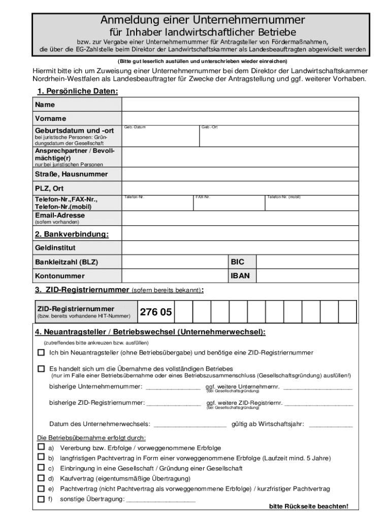 Ausfüllbar Online Antrag auf Erteilung einer Unternehmernummer bei der ... Fax Email Drucken ...