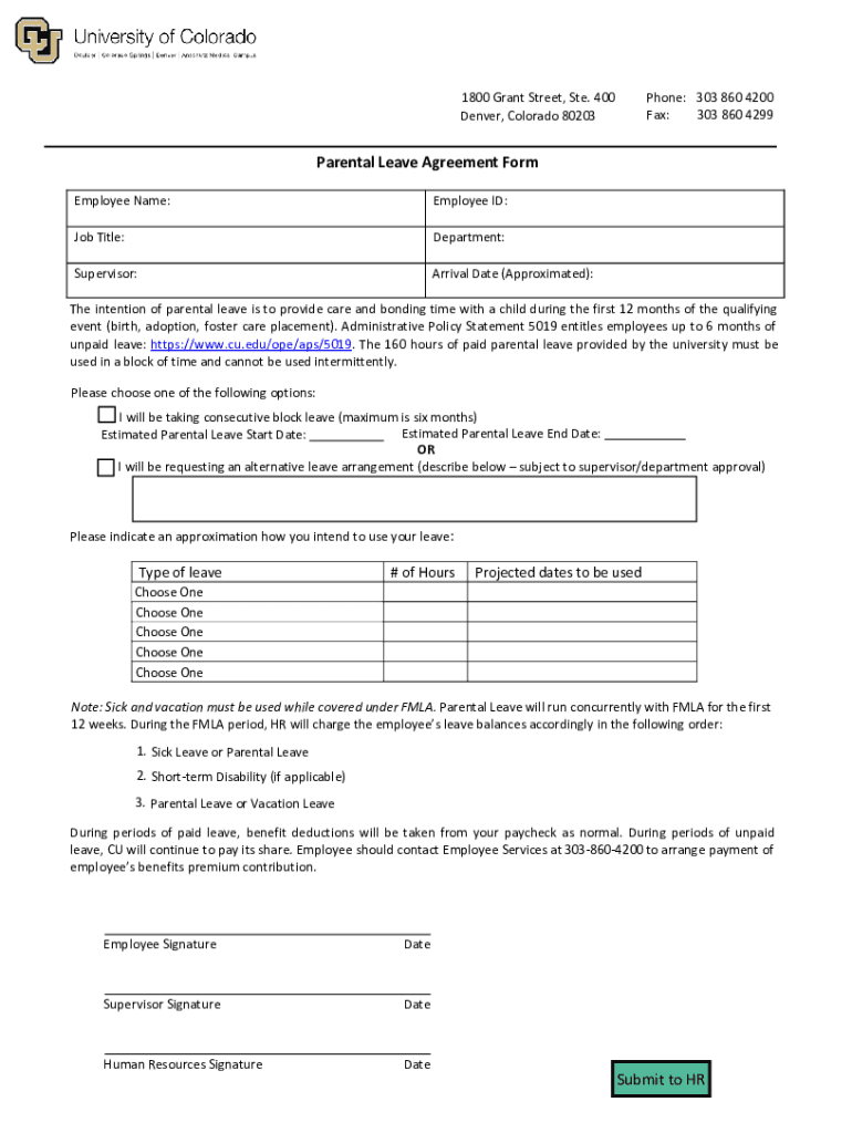 Fillable Online Parental Leave Agreement Form Fax Email Print - pdfFiller
