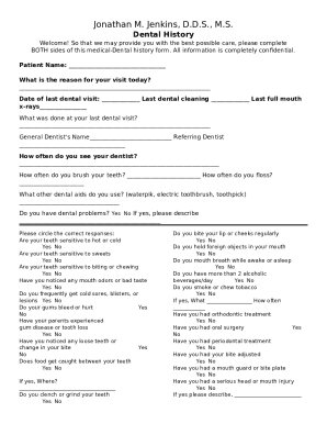 Dental / Medical History - Dr. Jonathan Jenkins, dds, ms Doc Template | pdfFiller