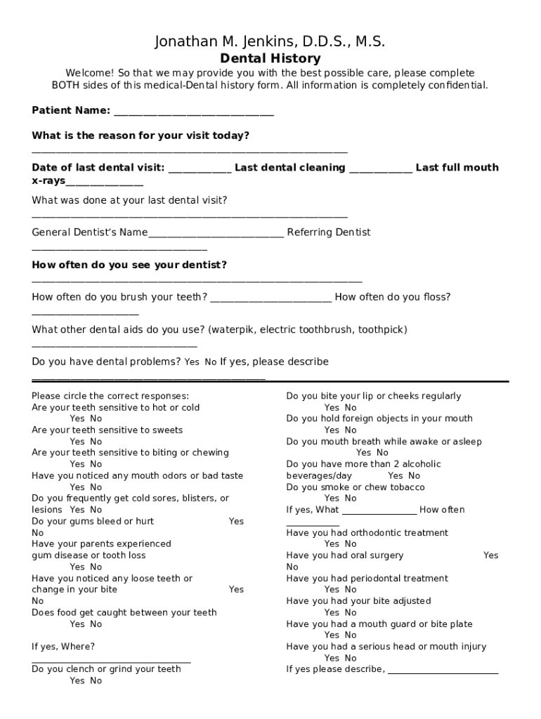 Dental / Medical History - Dr. Jonathan Jenkins, dds, ms Doc Template | pdfFiller