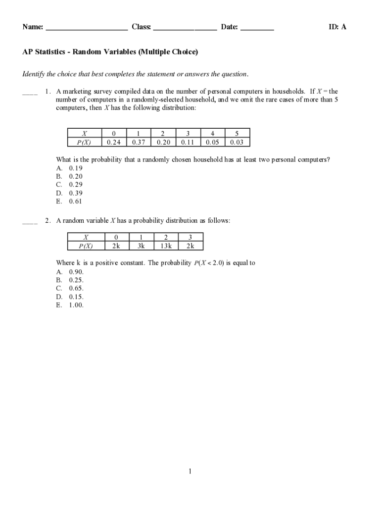 Fillable Online A 1 - AP Statistics - Random Variables (Multiple Choice ...
