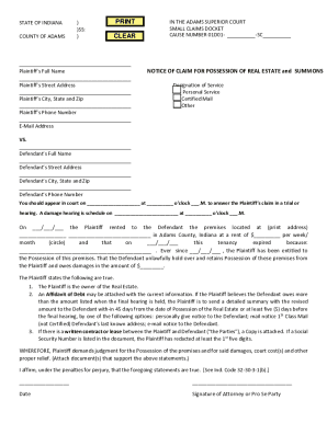Fillable Online NOTICE OF CLAIM AND SUMMONS - Adams County Indiana Fax ...