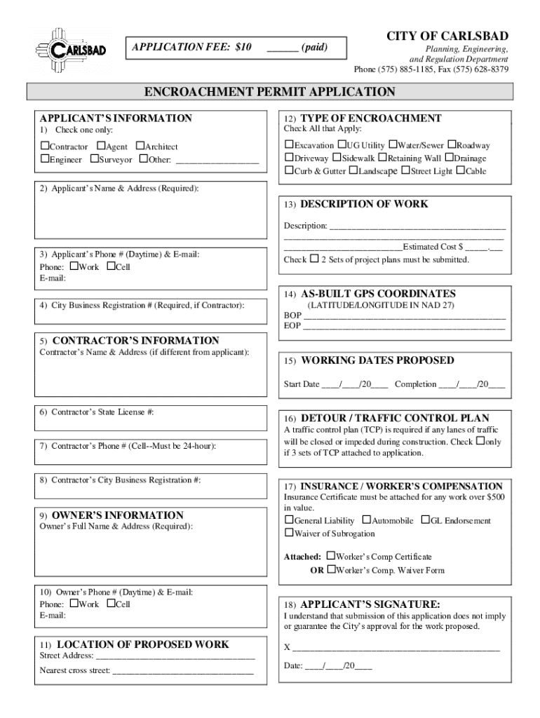 Fillable Online CITY OF CARLSBAD ENCROACHMENT PERMIT APPLICATION Fax ...