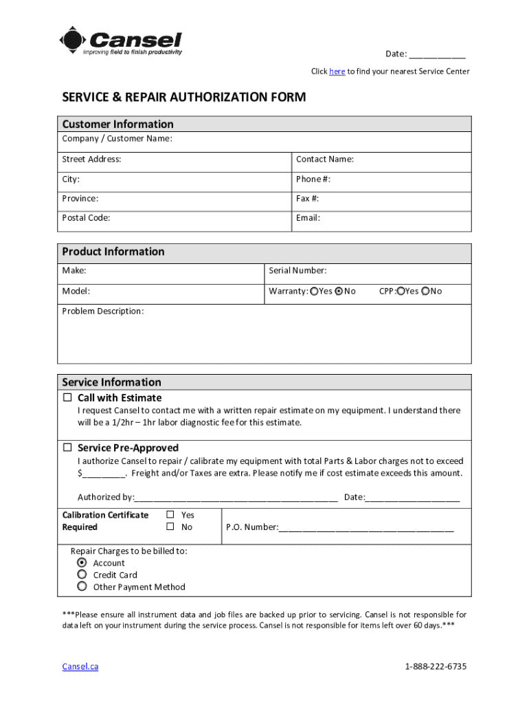 Fillable Online SERVICE & REPAIR AUTHORIZATION FORM Fax Email Print ...