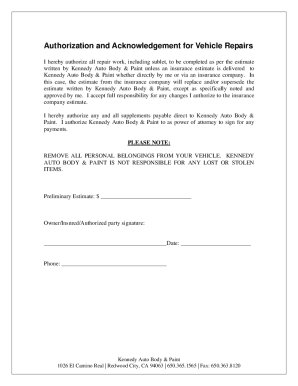 Fillable Online Authorization and Acknowledgement for Vehicle Repairs ...