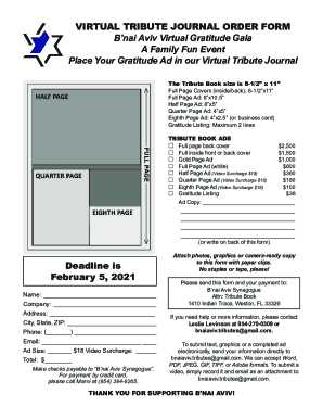 Fillable Online VIRTUAL TRIBUTE JOURNAL ORDER FORM B'nai Aviv Virtual ...