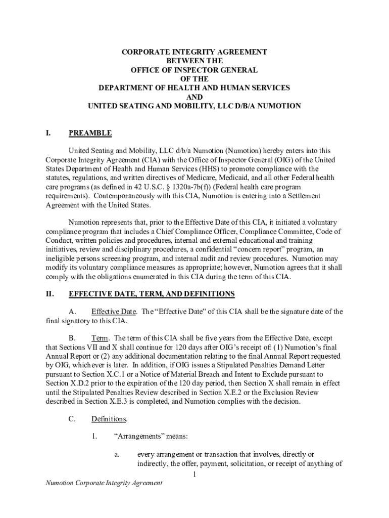 Fillable Online oig hhs United Seating and Mobility, LLC d/b/a Numotion ...