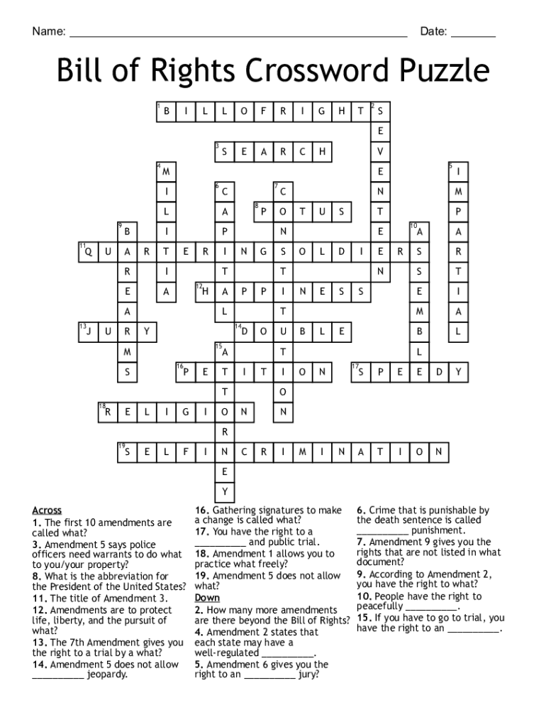 Fillable Online Similar to Bill of Rights Crossword Puzzle Fax Email ...