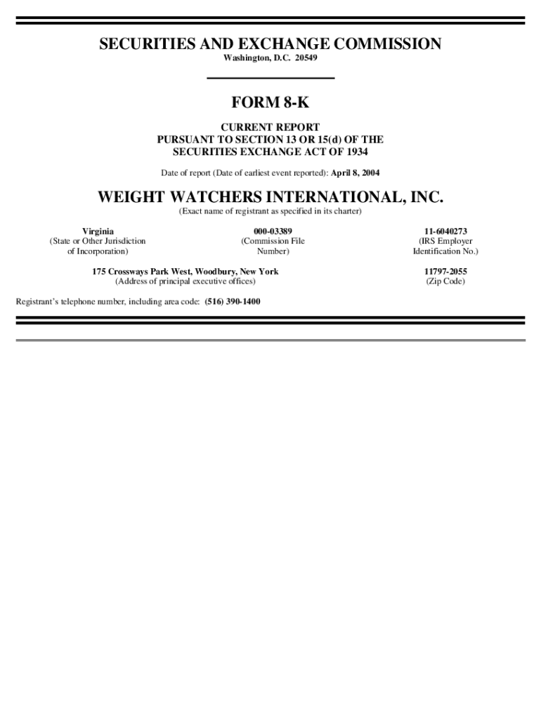Fillable Online SECURITIES AND EXCHANGE COMMISSION FORM 8-K WEIGHT ...