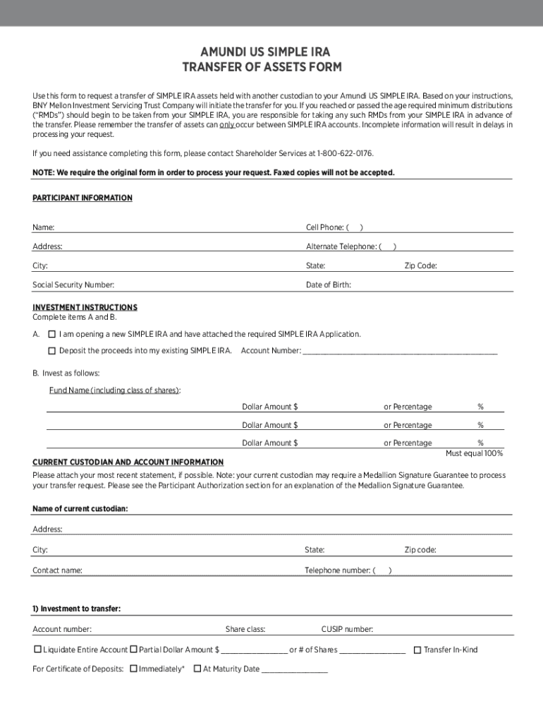 Fillable Online AMUNDI US SIMPLE IRA TRANSFER OF ASSETS FORM Fax Email Print - pdfFiller