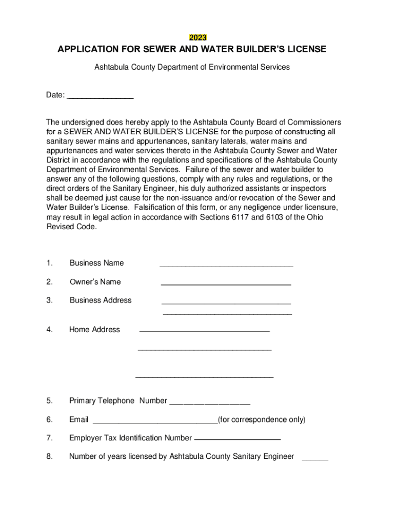 Fillable Online application for 2023 sewer and water builder's license ...