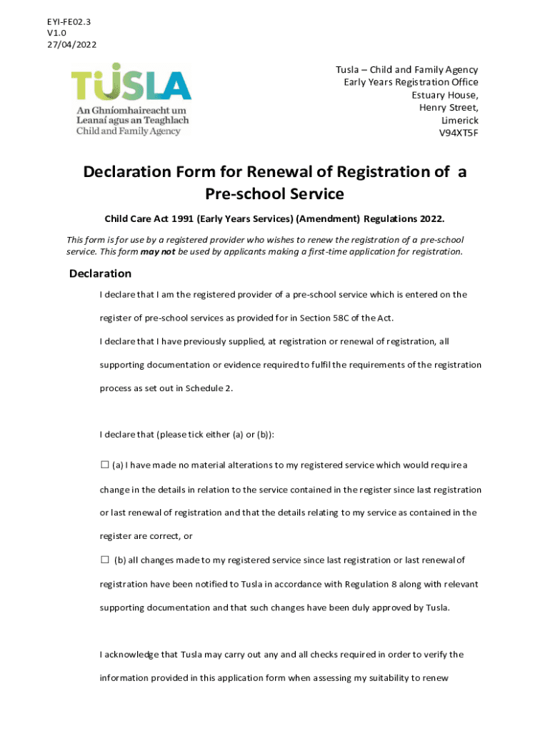 Fillable Online Declaration Form for Renewal of Registration of a Pre ...