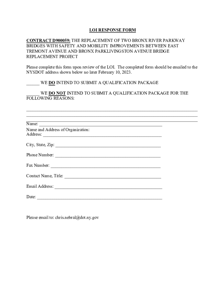 Fillable Online LOI RESPONSE FORM CONTRACT D900059: THE ... Fax Email ...