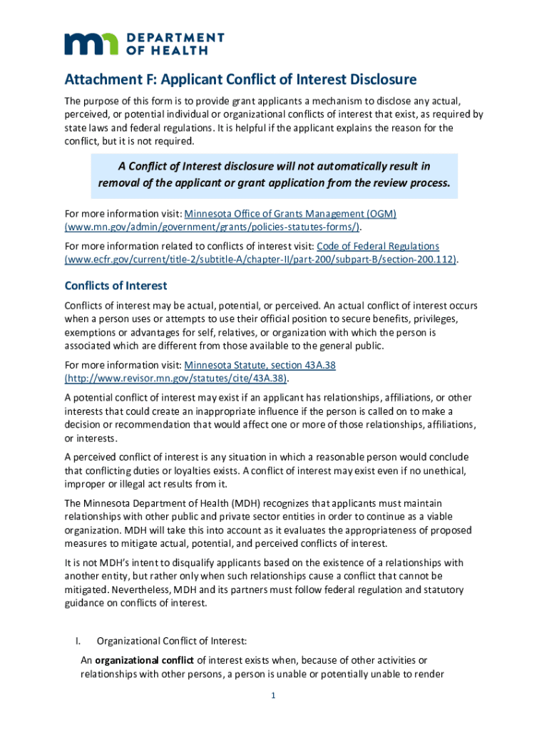 Fillable Online Attachment F: Conflict of Interest Disclosure Form Fax ...