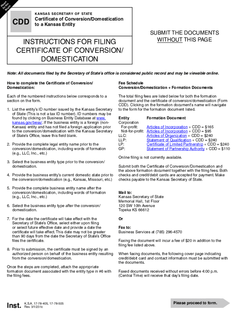 Fillable Online INSTRUCTIONS FOR FILING CERTIFICATE OF CONVERSION ...