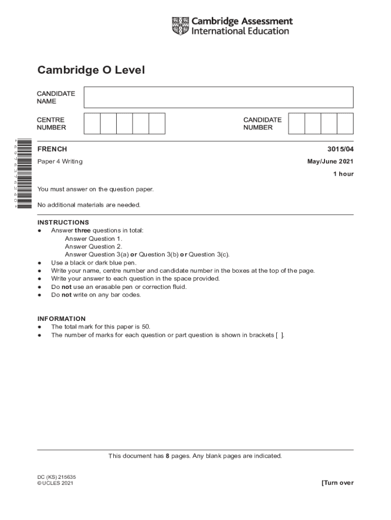 Remplissable En Ligne Past PapersO LevelsFrench (3015) - GCE Guide Fax ...