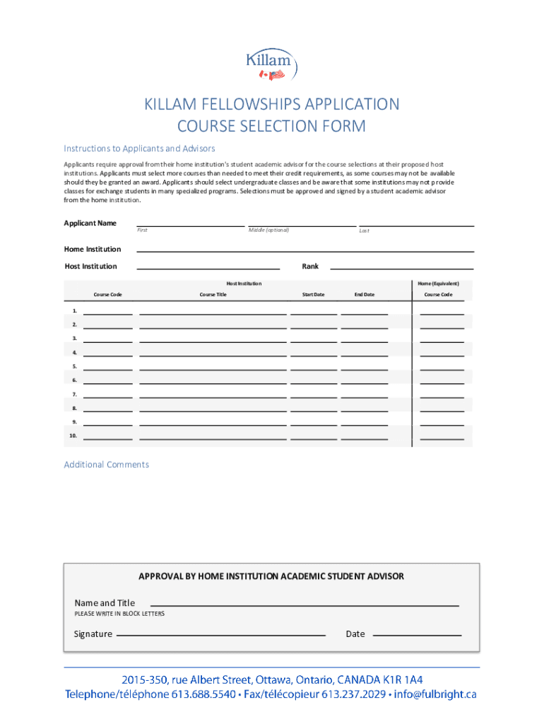 Fillable Online Killam Fellowships Course Selection Form Fax Email Print - pdfFiller