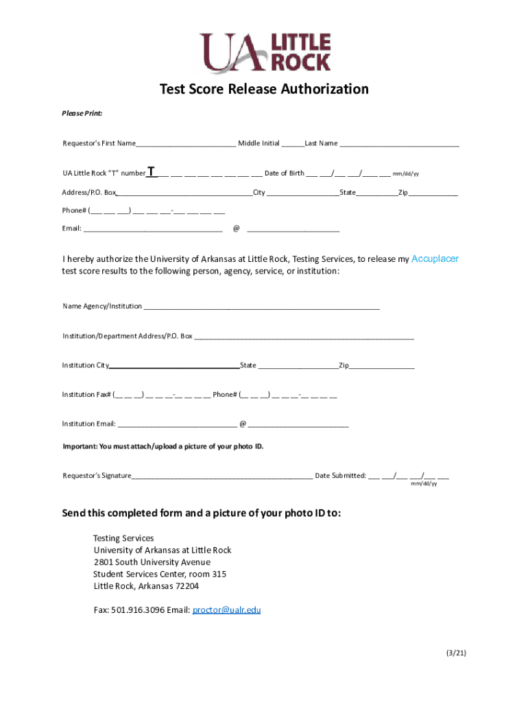 Fillable Online Test Score Release Authorization Fax Email Print ...