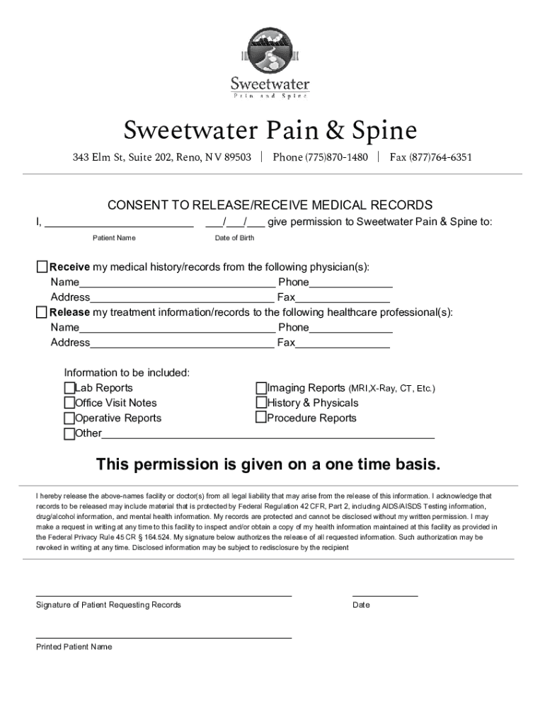 Fillable Online Medical Records Release - Sweetwater Pain & Spine Fax ...
