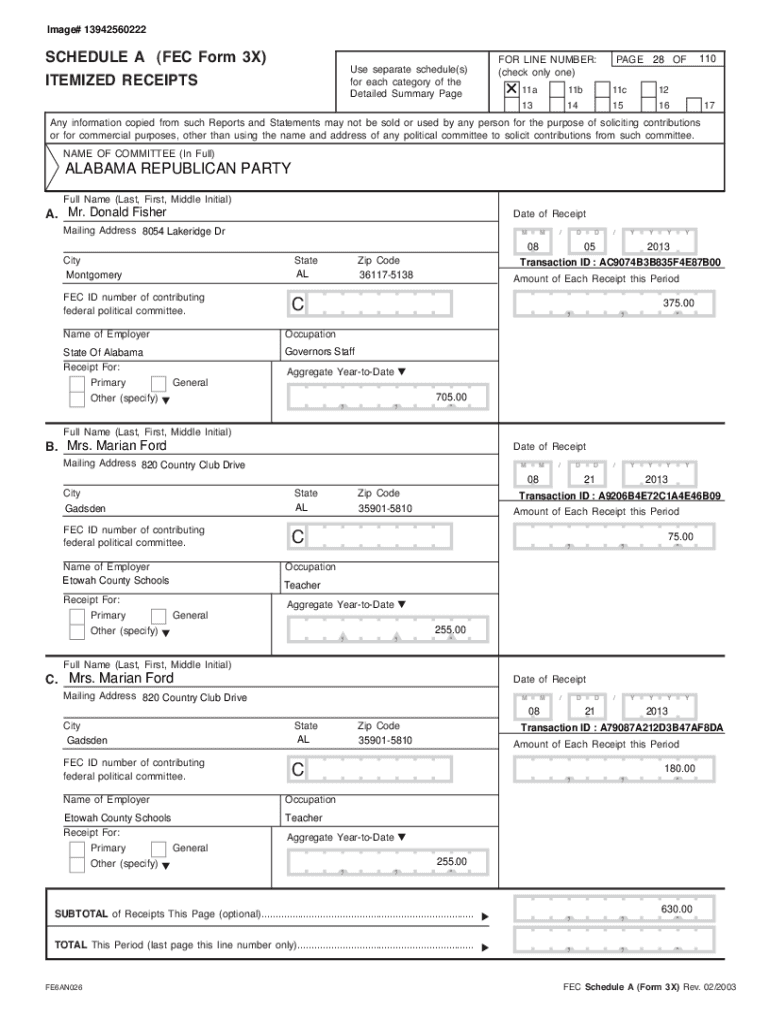 Fillable Online SCHEDULE A (FEC Form 3X) ITEMIZED RECEIPTS ALABAMA ...