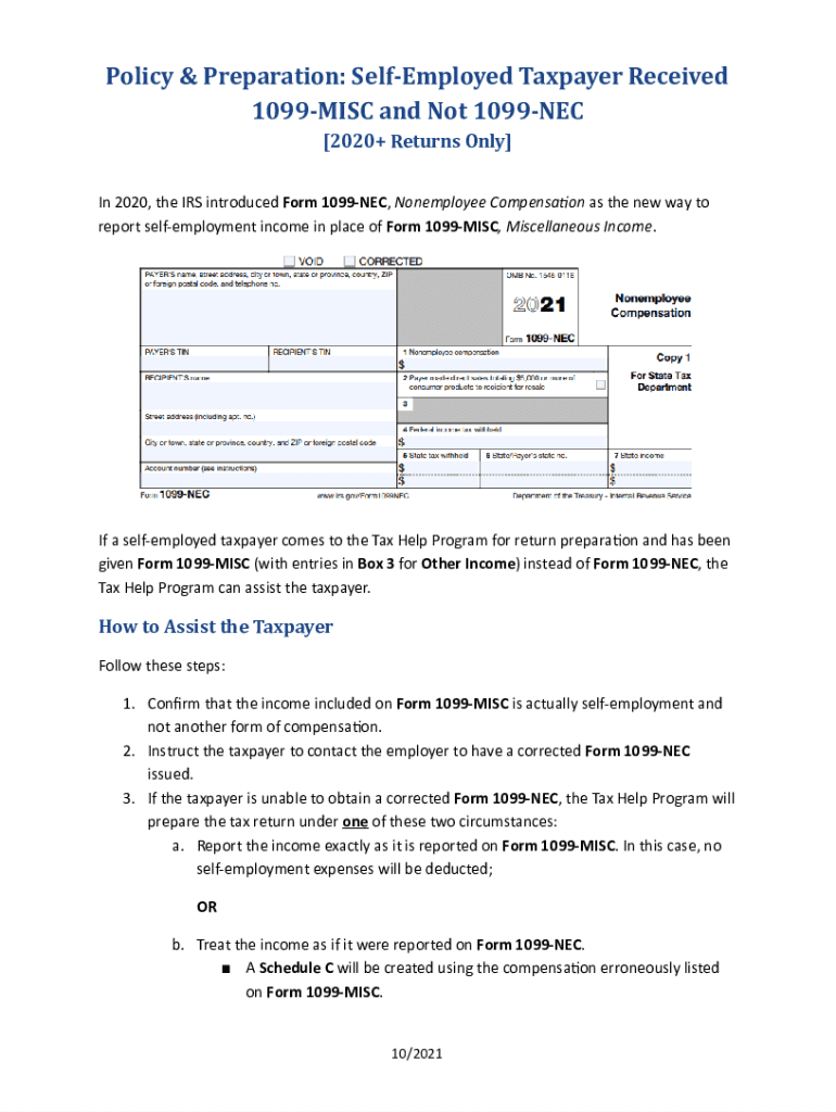 Fillable Online Self-Employed Taxpayer Received 1099-MISC and Not 1099 ...