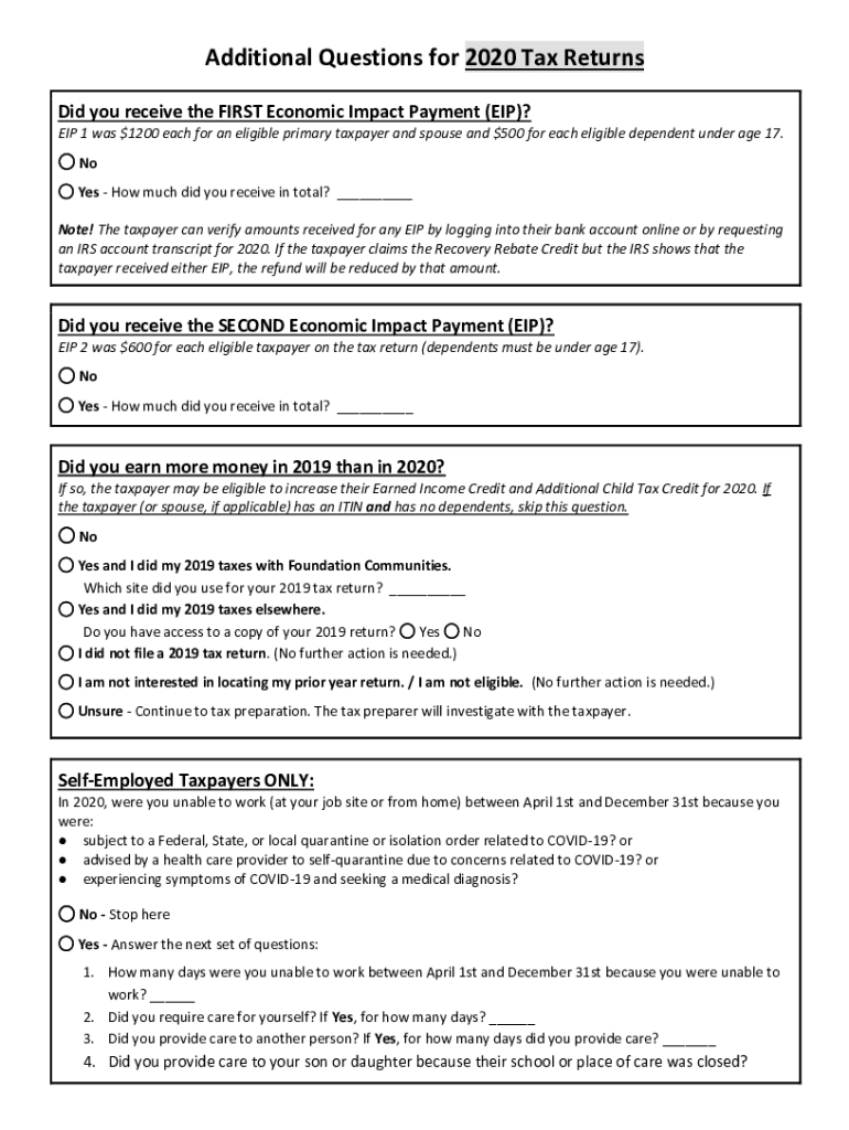Fillable Online Additional Questions for 2020 Tax Returns Fax Email Print - pdfFiller