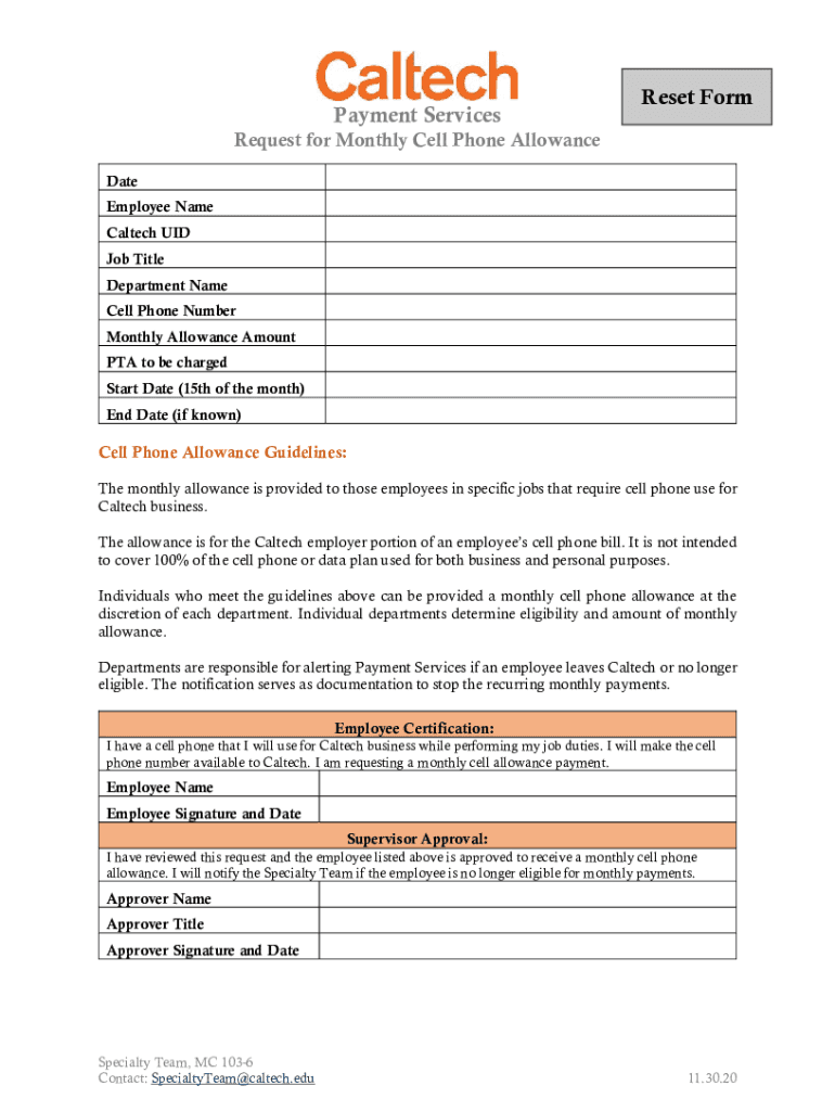 Fillable Online procurement caltech Request for Cell Phone or Internet Allowance or Fringe ...