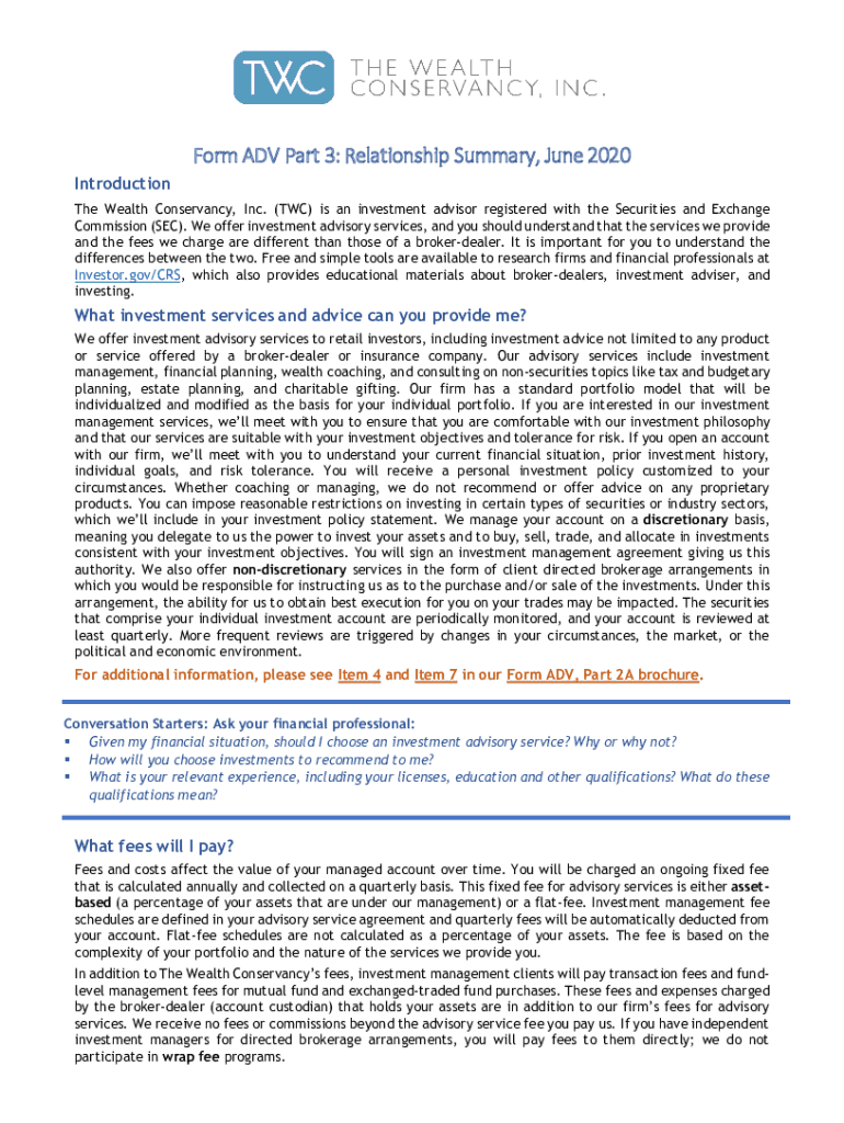 Fillable Online Form ADV Part 3: Relationship Summary, June 2020 Fax Email Print - pdfFiller